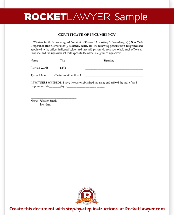 Certificate Of Incumbency Incumbency Certificate With Sample
