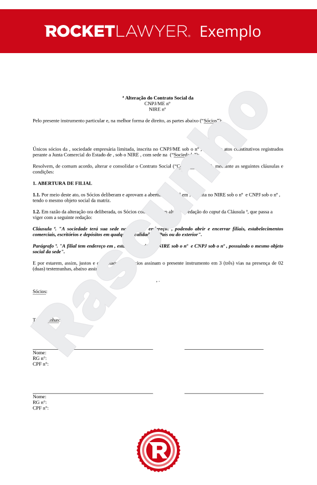 Modelo de Alteração de Contrato Social - Abertura de Filial (mesmo ...