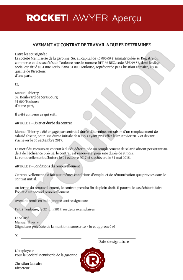 Avenant de renouvellement de CDD - Contrat CDD Avenant de renouvellement de CDD - Contrat CDD