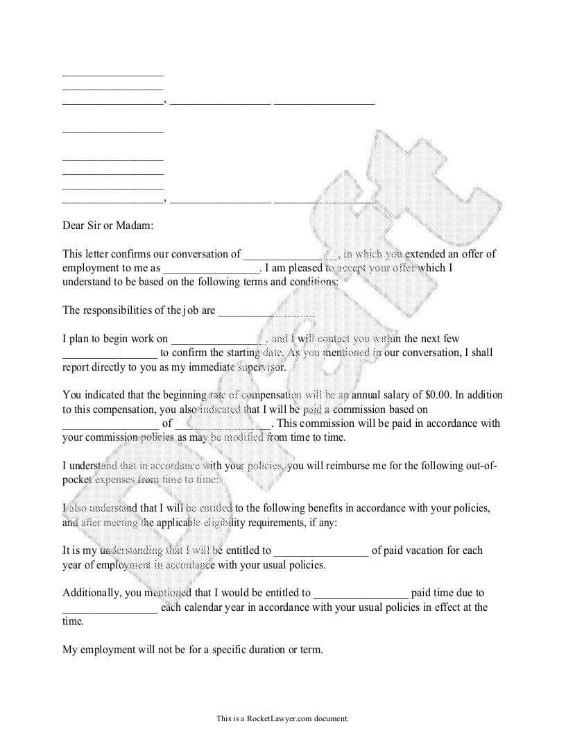 Free Employment Acceptance Letter Template - Rocket Lawyer