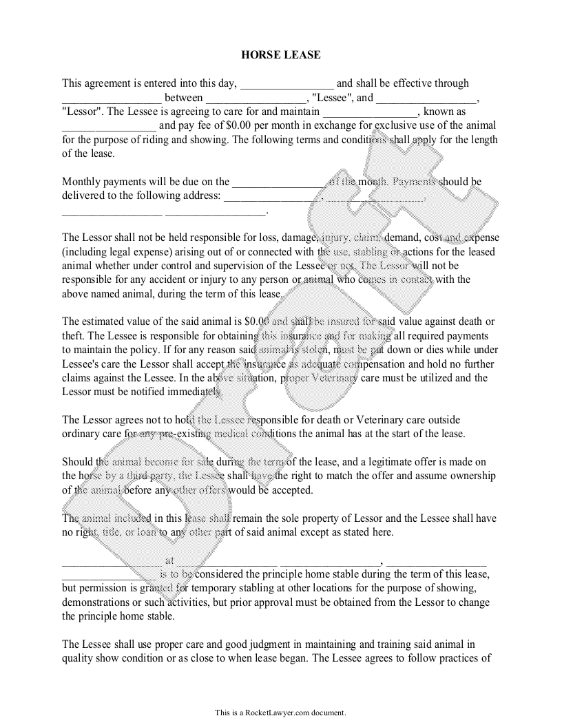 Horse Partial Lease Agreement Template Printable Form Templates And 