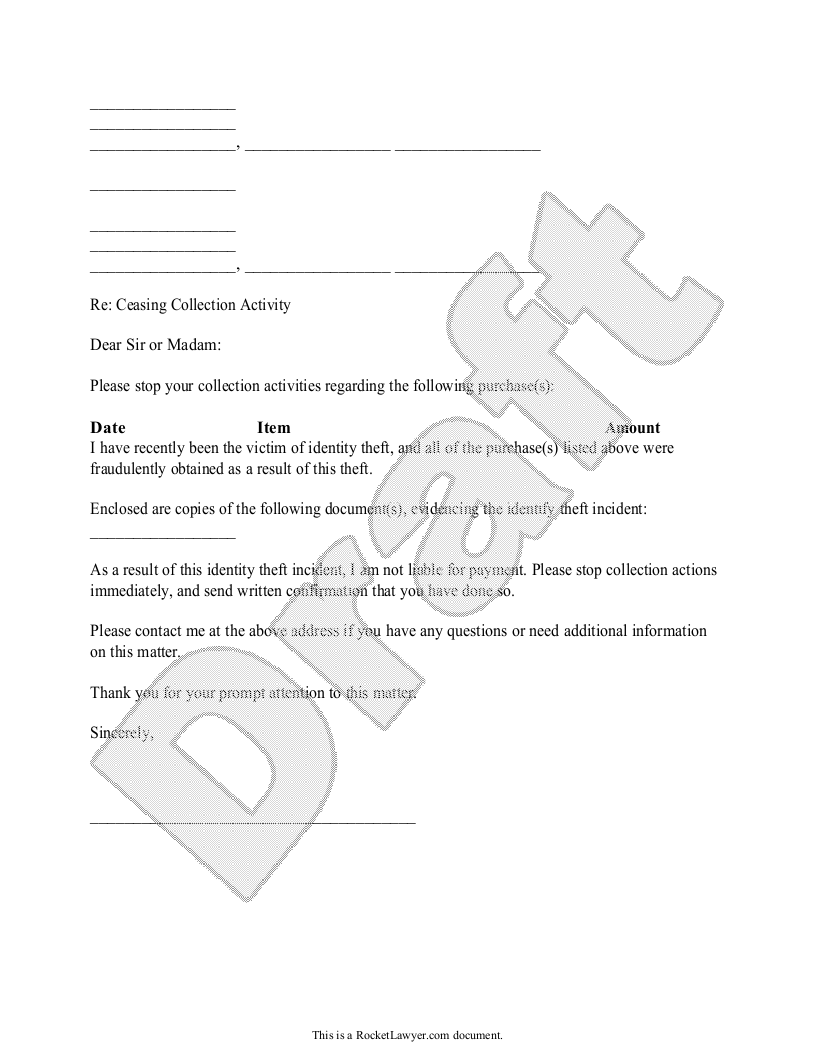 Free Request to Stop Collection Activity - Rocket Lawyer