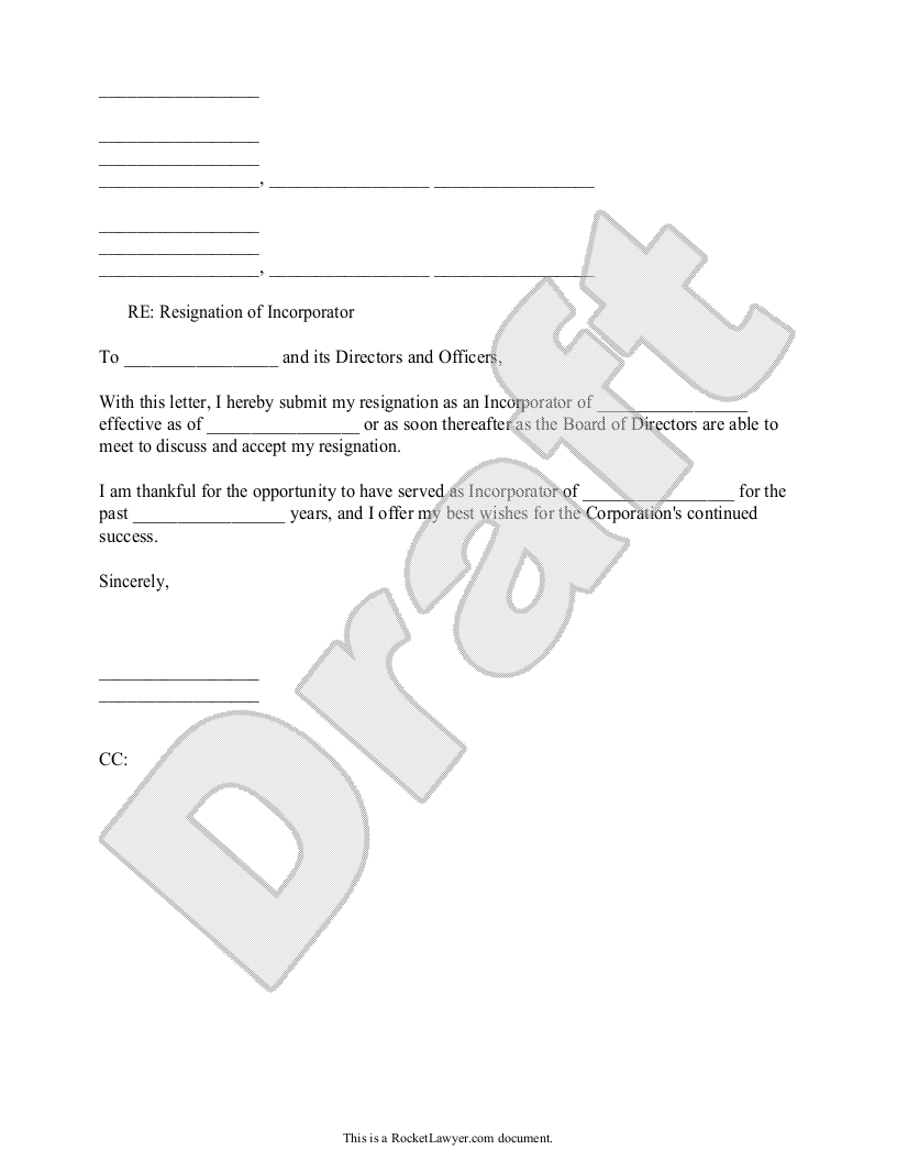 Free Resignation of Incorporator | Rocket Lawyer