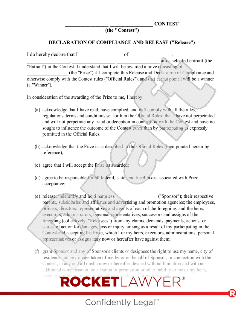 Declaration Of Compliance Release For Contest Rules Rocket Lawyer