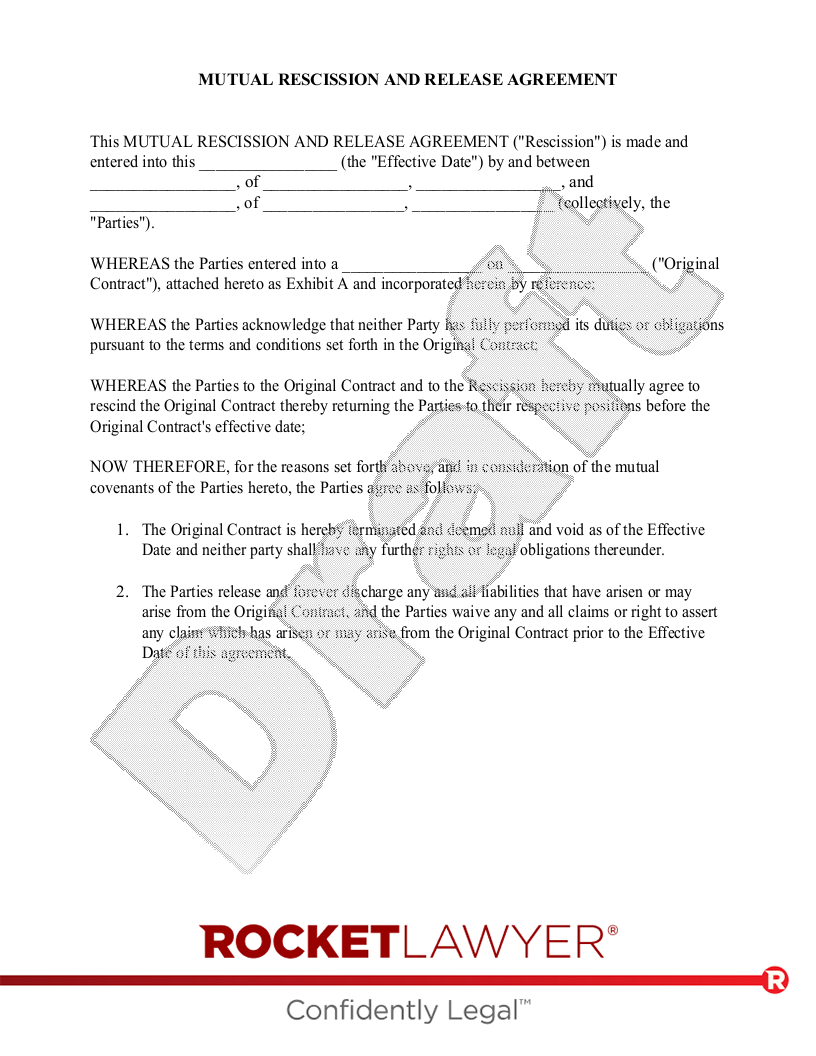 Free Mutual Rescission Release Agreement Rocket Lawyer