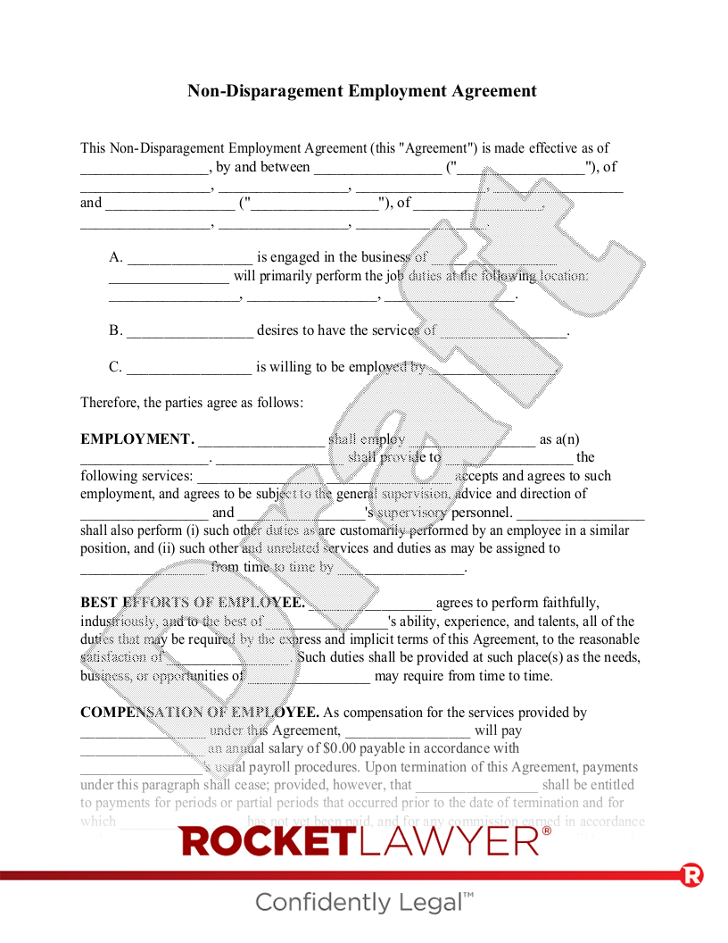 Free Non Disparagement Employment Agreement Rocket Lawyer