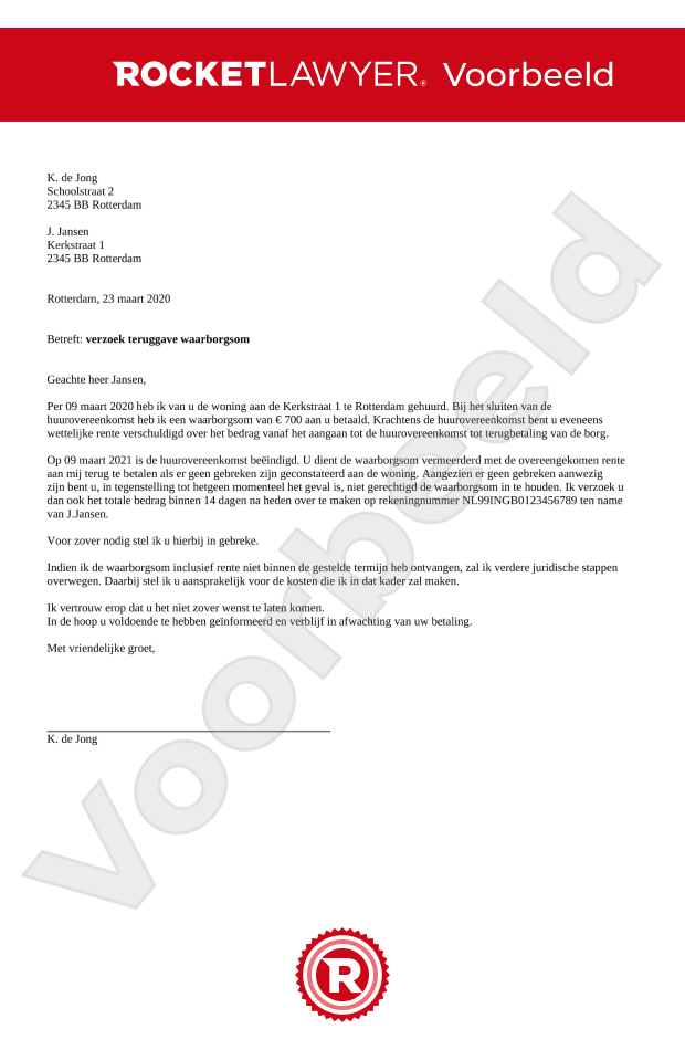 Verzoek teruggave waarborgsom - Download Model Gratis