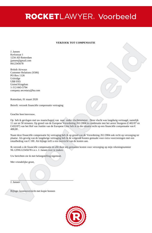 Verzoek Vergoeding Vlucht - Download Model Gratis