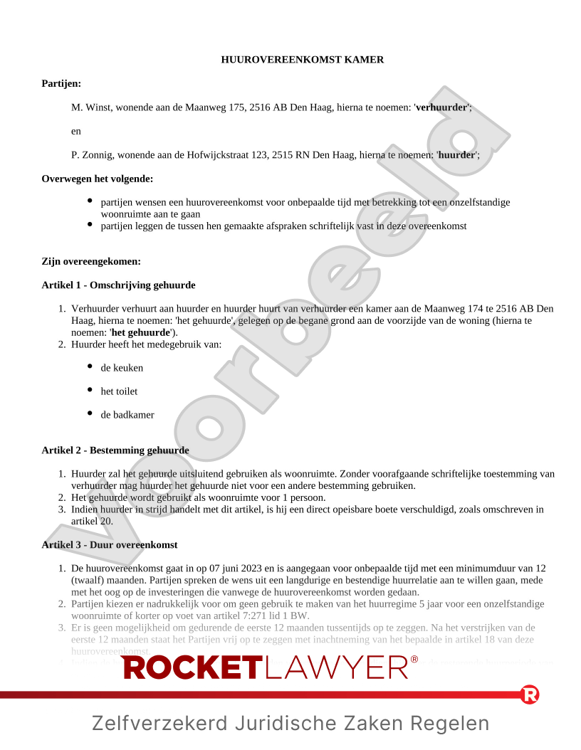 Kamerhuurovereenkomst - Download Modelcontract