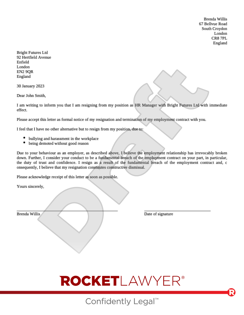 Constructive Dismissal Letter Template FAQs Rocket Lawyer