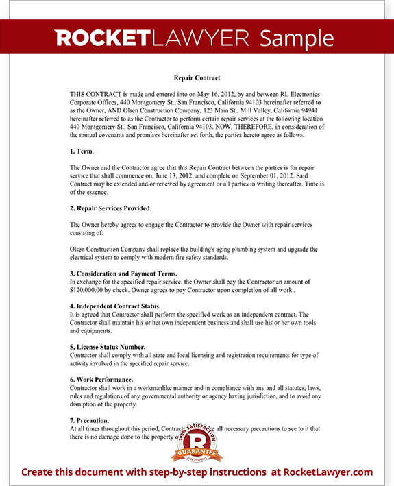 Repair Contract Sample Letter Repair Contract Sample Letter